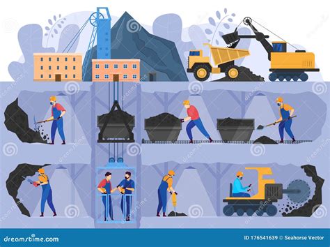 Coal Mine Industry People Working In Underground Caverns Vector Illustration Stock Vector