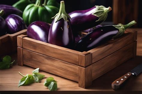 Premium Photo A Wooden Box Of Eggplant Is On A Table