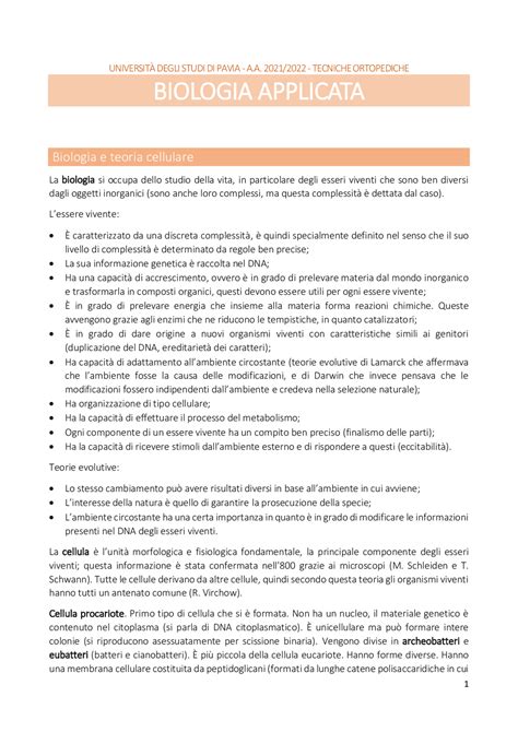 Biologia Applicata⠀⠀⠀⠀⠀ Appunti Di Biologia Applicata Docsity