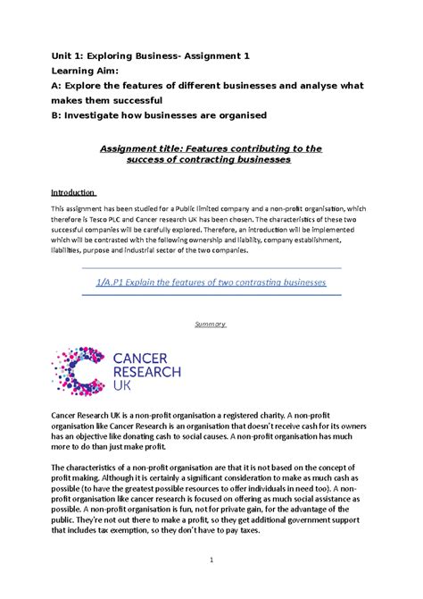 Btec Business Unit 1 Assignment 1 Greggs And Cancer Research