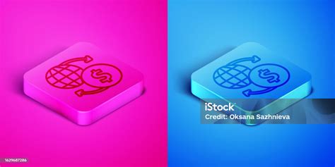 분홍색과 파란색 배경에 격리 된 등색 라인 환전 아이콘 유로 및 달러 현금 전송 기호 은행 통화 기호 정사각형 버튼입니다 벡터 0명에 대한 스톡 벡터 아트 및 기타 이미지