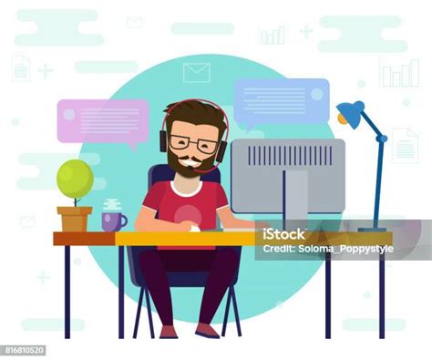 컴퓨터에서 작업 하는 남자 책상 평면 만화 사람 캐릭터 프리랜서 직장 온라인 인터넷 대화 이미지의 아이디어를 작동 합니다 Medef에 대한 스톡 벡터 아트 및 기타 이미지