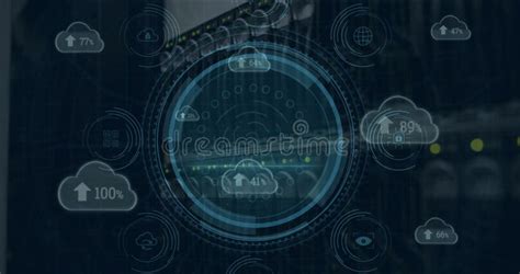 Image Of Fingerprint And Clouds With Percents Over Server Room And