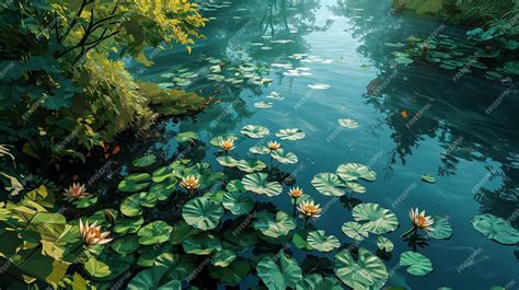 Lirios Verdes Y Flores De Loto Blancas En Un Fondo Oscuro Impresión