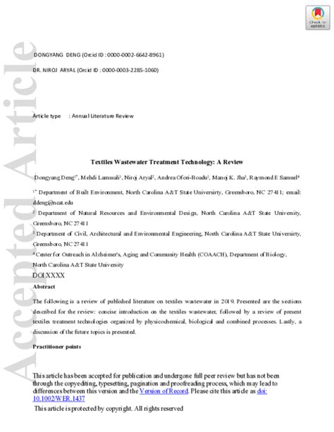 Pdf Textiles Wastewater Treatment Technology A Review