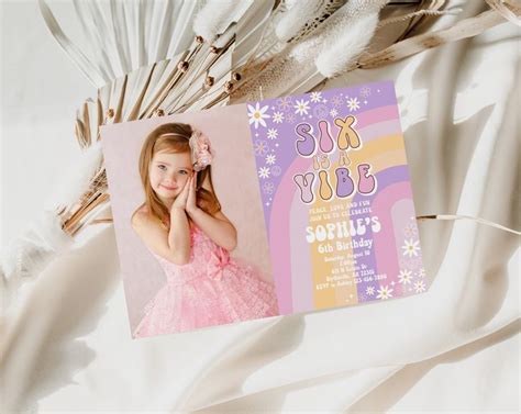 Editable Six Is A Vibe Groovy Birthday Invitation Daisy Hippie 70 S