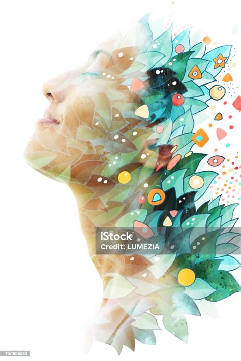 페인트 도장 그녀의 얼굴과 머리카락이 흰색 배경에 용해 손으로 그린 모양과 결합으로 편안한 눈을 가진 젊은 자연의 아름다움의