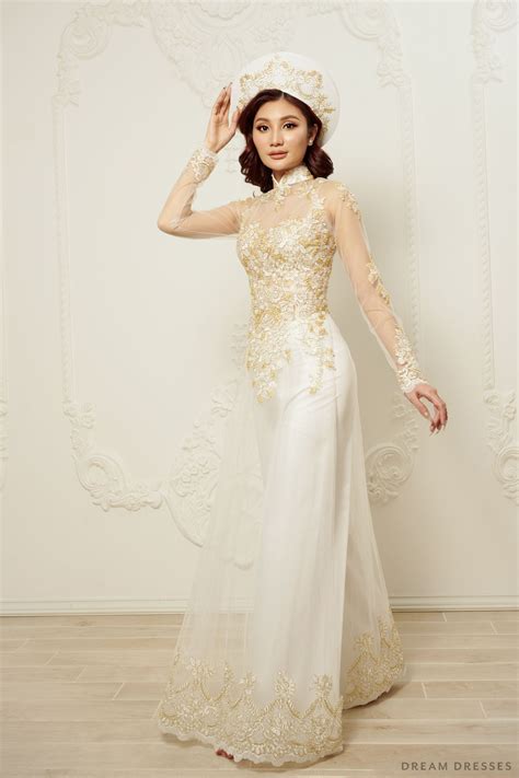 White Bridal Ao Dai Vietnamese Traditional Bridal Dress With Gold La