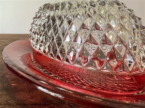 Diamond Point Ruby By Indiana Glass Oval Covered Butter Dish Etsy