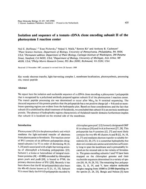 Pdf Isolation And Sequence Of A Tomato Cdna Clone Encoding Subunit Ii Of The Photosystem I