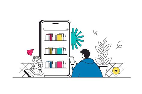 Online Reading Outline Web Concept In Modern Flat Line Design Man Reading Books In Mobile App