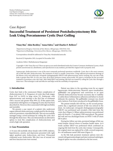 Pdf Successful Treatment Of Persistent Postcholecystectomy Bile Leak