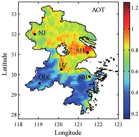 Maps Of Multi Year Mean Aot 550 Nm And The Locations Of The Five