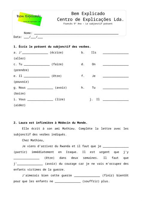 DOCX ficha de trabalho le subjonctif présent DOKUMEN TIPS