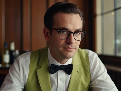 A Man Wearing Glasses And A Bow Tie Is Sitting At A Table Premium Ai