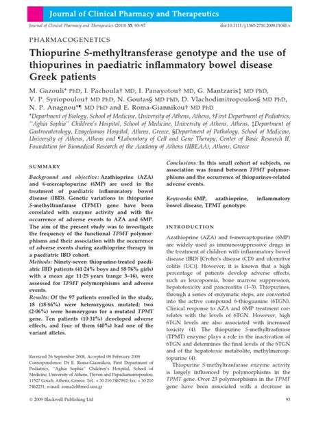Gazouli Et Al 2010 Thiopurine S Methyltransferase Genotype And The