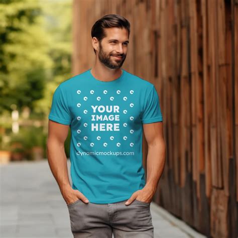 Man Wearing Teal T Shirt Mockup Front View Template 731 Psd Use It Now