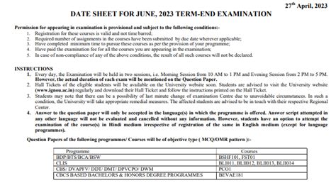 IGNOU Date Sheet 2023 Check June TEE Dates
