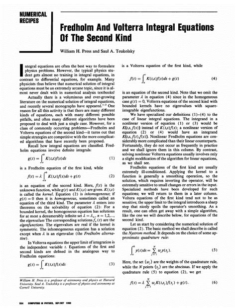 Fredholm And Volterra Integral Equations Of The Second Kind Computer