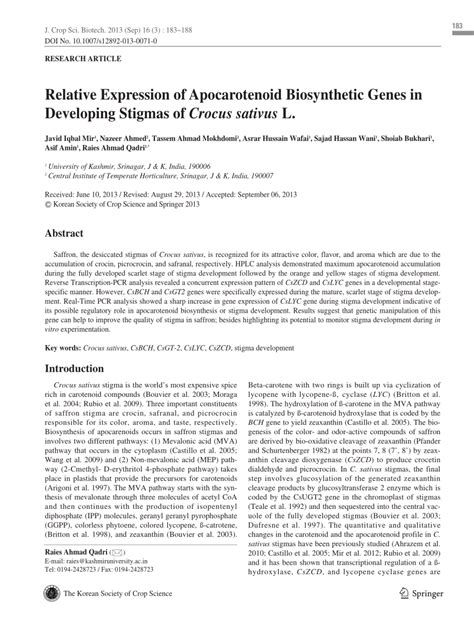 Pdf Relative Expression Of Cszcd Gene And Apocarotenoid Biosynthesis During Stigma Development