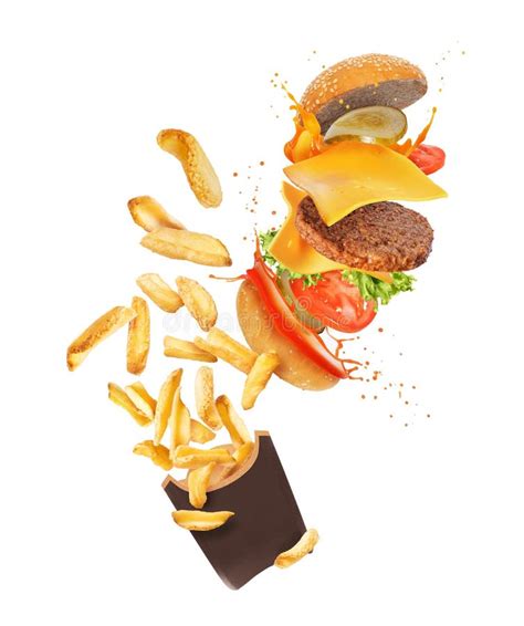 Hamburguesa Tradicional Con Papas Al Horno En El Aire Sobre Fondo