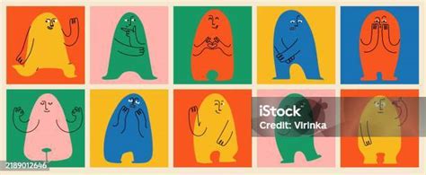 손과 눈을 가진 만화 이모티콘 검은 캐릭터 아이콘 다양한 손가락 제스처 기호 및 기호 벡터 만화 추상 유행 평면 고립 된 얼굴 감정 세트 가리키기에 대한 스톡 벡터 아트 및