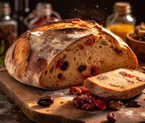 Premium Ai Image A Loaf Of Freshly Baked Sourdough Bread With Olives