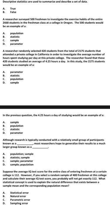 Solved Descriptive Statistics Are Used To Summarize And