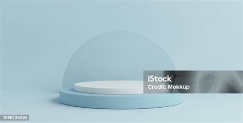 제품 연단 두 개의 흰색 및 파란색 겹쳐진 연단 파란색 배경 3d 일러스트레이션 0명에 대한 스톡 사진 및 기타 이미지 0명