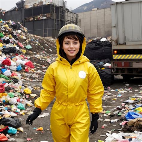 Premium Photo Cheerful Girl In Yellow Protective Suit In Front Of