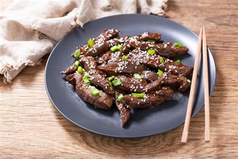 Premium Photo Plate Of Teriyaki Meat On Wooden Table