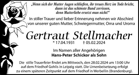 Traueranzeigen Von Gertraut Stellmacher Trauer Anzeigende