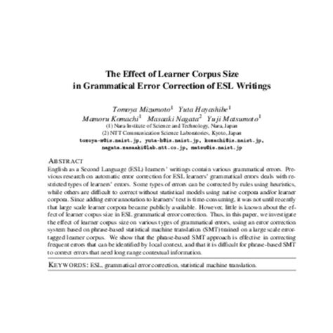 The Effect Of Learner Corpus Size In Grammatical Error Correction Of Esl Writings Acl Anthology
