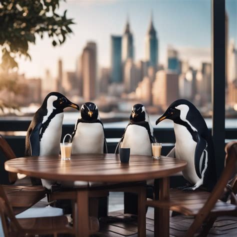 Premium Ai Image Penguins Are Sitting At A Table Drinking The Coffee
