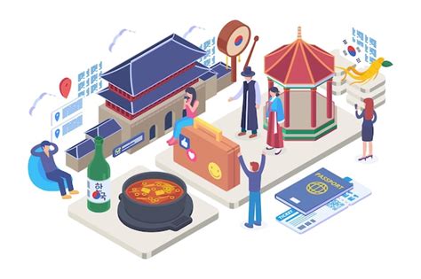 아이소메트릭 한국 여행 벡터 개념 프리미엄 벡터