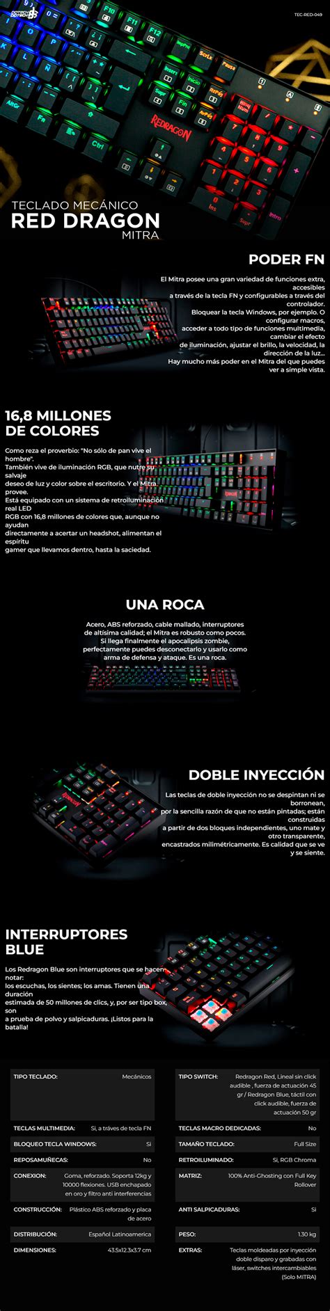 Teclado Gamer Redragon Mitra K RGB Teclado Mecánico Switch Blue Alámbrico Español