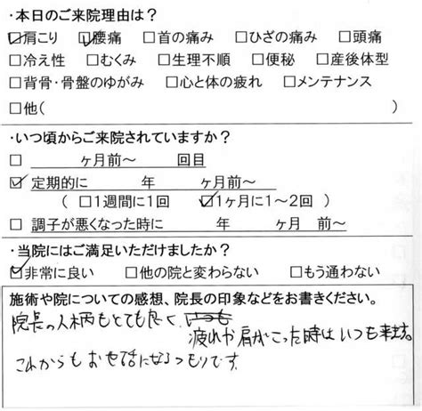 患者様の声 腰痛冷え 肩コリ専門整体なら守谷市の高野森井療術院
