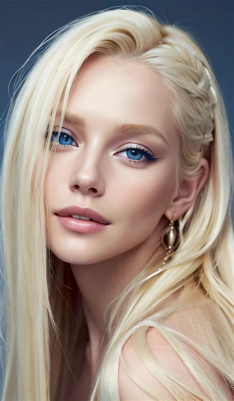 긴 금발 머리와 파란 눈을 가진 여자가 사진을 위해 포즈를 취하고 있다 Seaart Ai