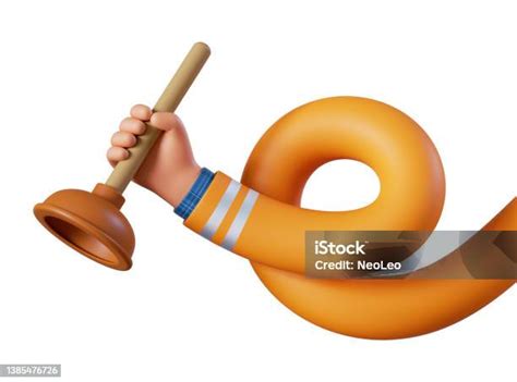 3d 렌더링 유연한 나선형 만화 백인 인간의 손은 플런저를 보유하고 있습니다 전문 배관공 흰색 배경에 고립 된 화장실 청소 서비스 클립 아트 손에 대한 스톡 사진 및 기타