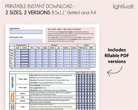 Dbt Skills Tracker Dbt Diary Card Lightandsaltdesign