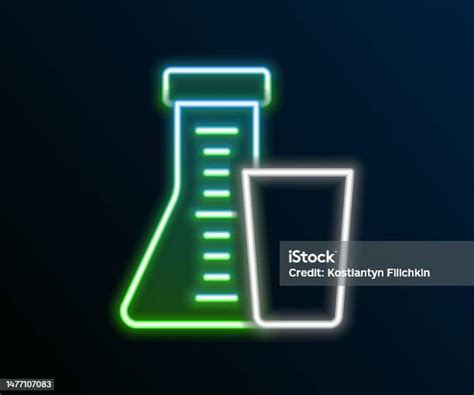 빛나는 네온 라인 테스트 튜브와 검은 배경에 고립 된 플라스크 화학 실험실 테스트 아이콘 실험실 유리 제품 기호 다채로운 개요 개념 벡터 건강 검진에 대한 스톡 벡터 아트