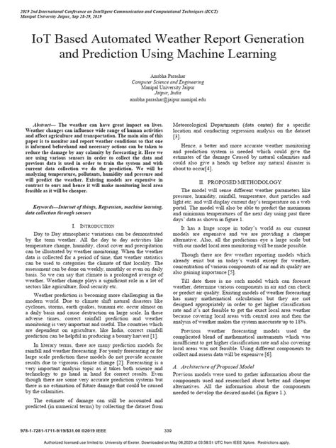 Iot Based Automated Weather Report Generation And Prediction Using