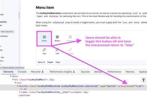 EuiKeyPadMenuItem Aria Pressed Attribute Requires A Button To Be Turned On Or Off Like A