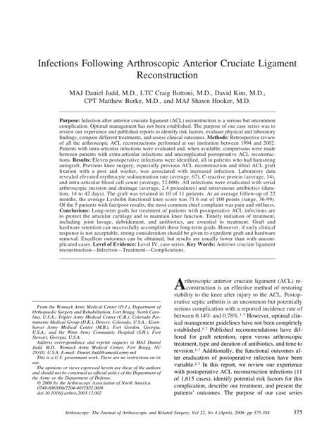 Pdf Infections Following Arthroscopic Anterior Cruciate Ligament
