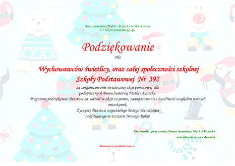 Podziękowanie Dla Wychowawców świetlicy oraz całej społeczności szkolnej Szkoły Podstawowej Nr