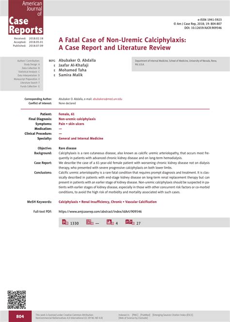 Pdf A Fatal Case Of Non Uremic Calciphylaxis A Case Report And Literature Review