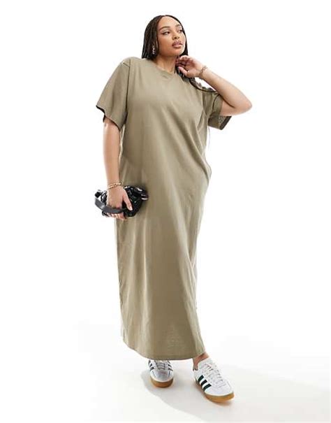 Asos Edition Hochwertiges T Shirt Maxikleid In Khakigrün Mit Taschen