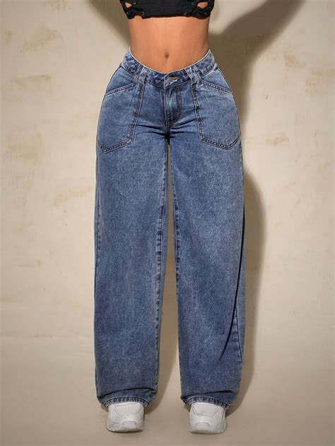 Women Loose Fit Wide Leg Jeans With Pockets For Daily Casual Wear