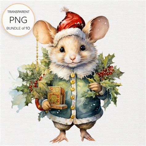 Christmas Mouse Clipart Cute Mouse In Santa Hat Watercolor Christmas
