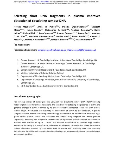 Pdf Selecting Short Dna Fragments In Plasma Improves Detection Of